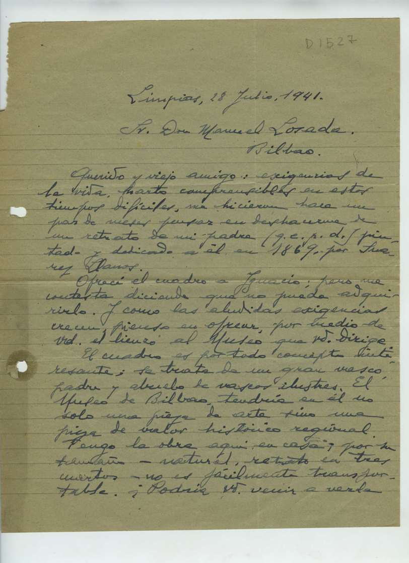 28 de julio de 1941. Carta de Eusebio Zuloaga a Manuel Losada ...