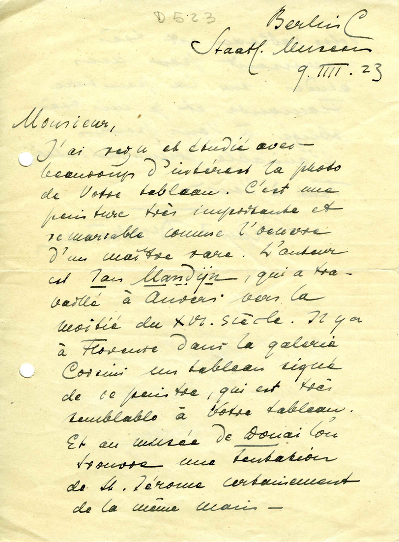 9 de abril de 1923. Carta,en francés, de Max Friedlander dando a ...