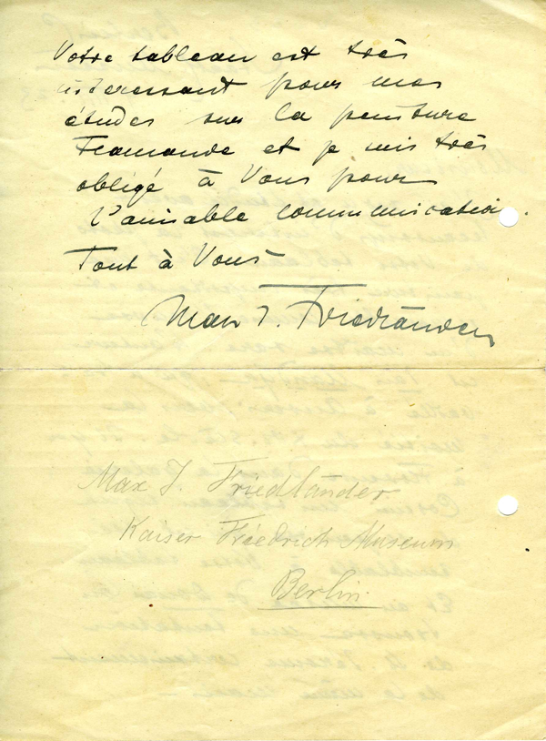 9 de abril de 1923. Carta,en francés, de Max Friedlander dando a ...
