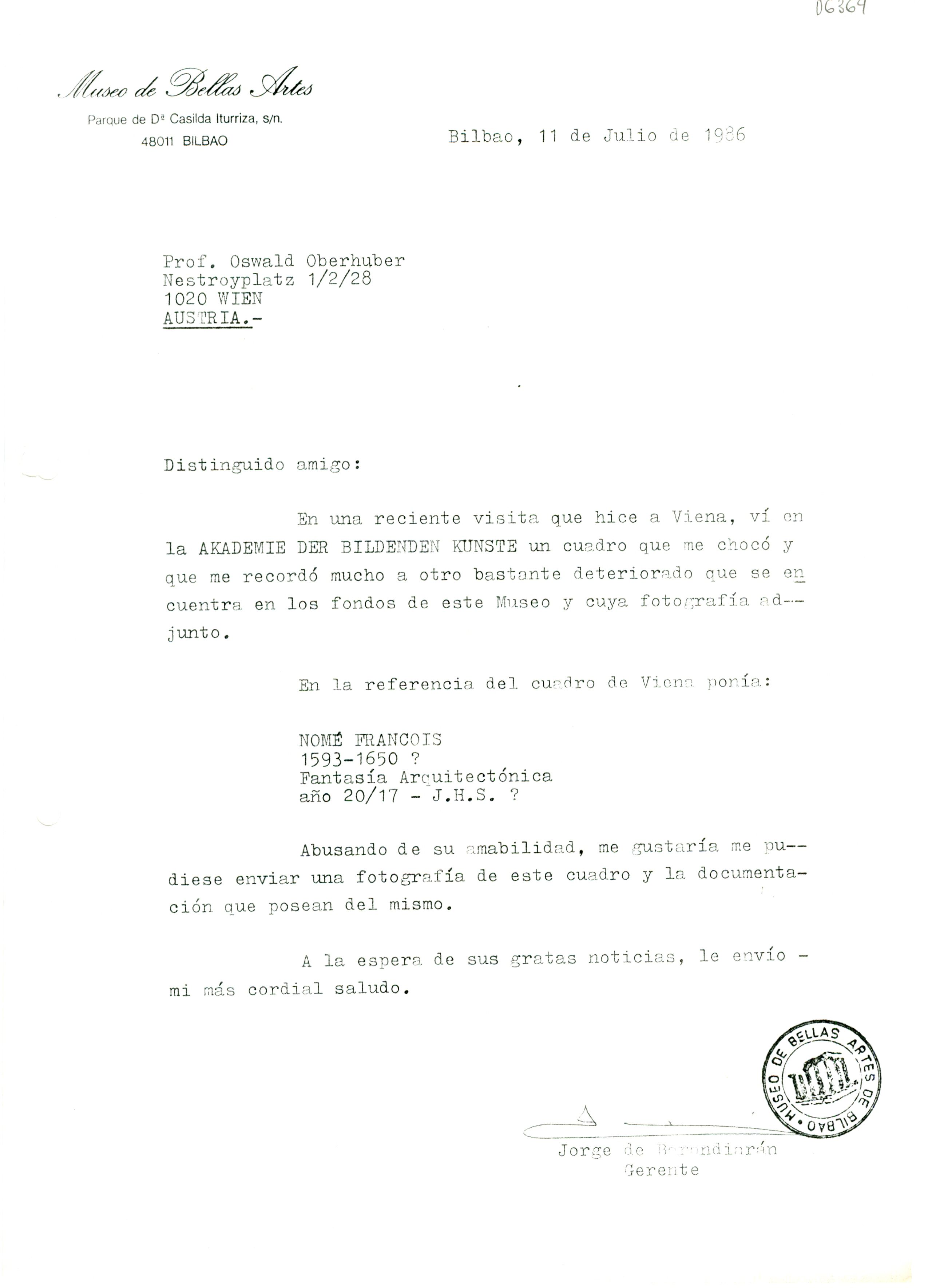 11 de Julio de 1986. Jorge de Barandiarán, Gerente del Museo de Bellas ...