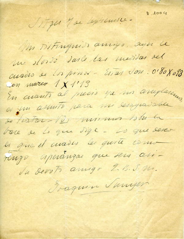 7 de septiembre de 1930. Carta de Joaquín Sunyer en la que da las ...