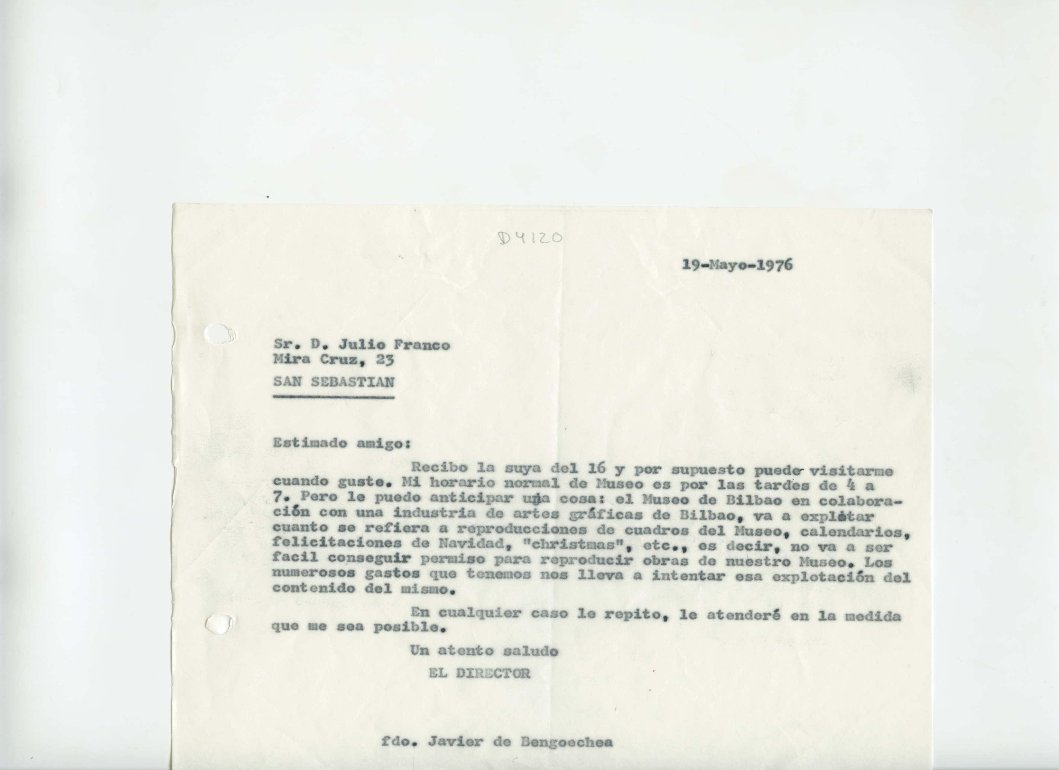 19 de mayo de 1976. Carta de Javier de Bengoechea, a Julio Franco ...