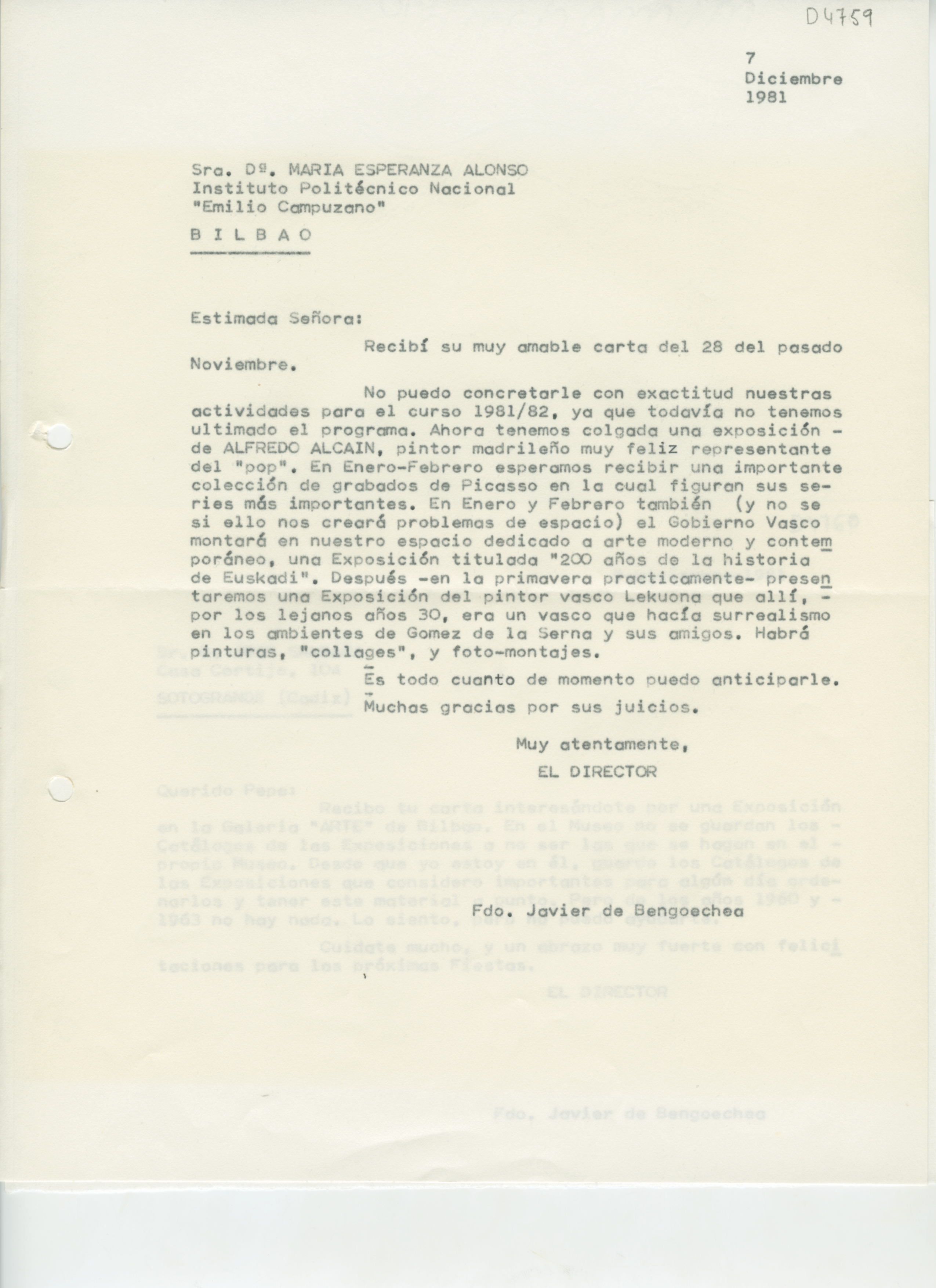7 de Diciembre de 1981. Carta de Javier de Bengoechea a Maria Esperanza ...