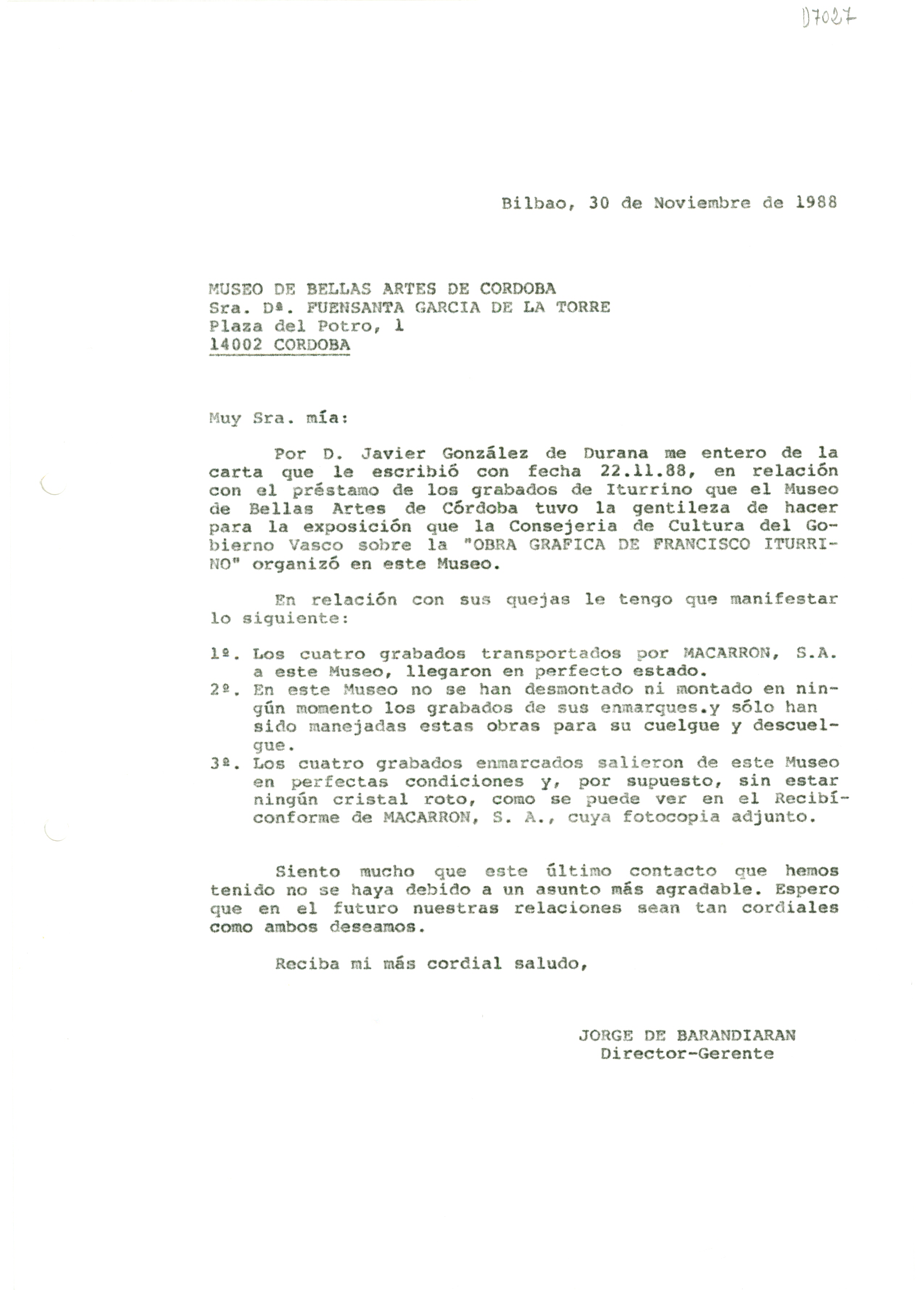 30 de Noviembre de 1988. Jorge de Barandiarán, Director-Gerente del ...